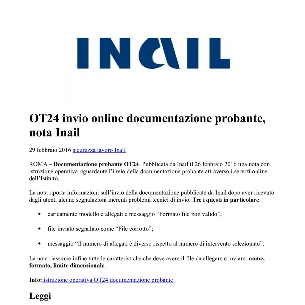 INAIL - Mod. 0T24 per il 2016 - Masino Defibrillatori